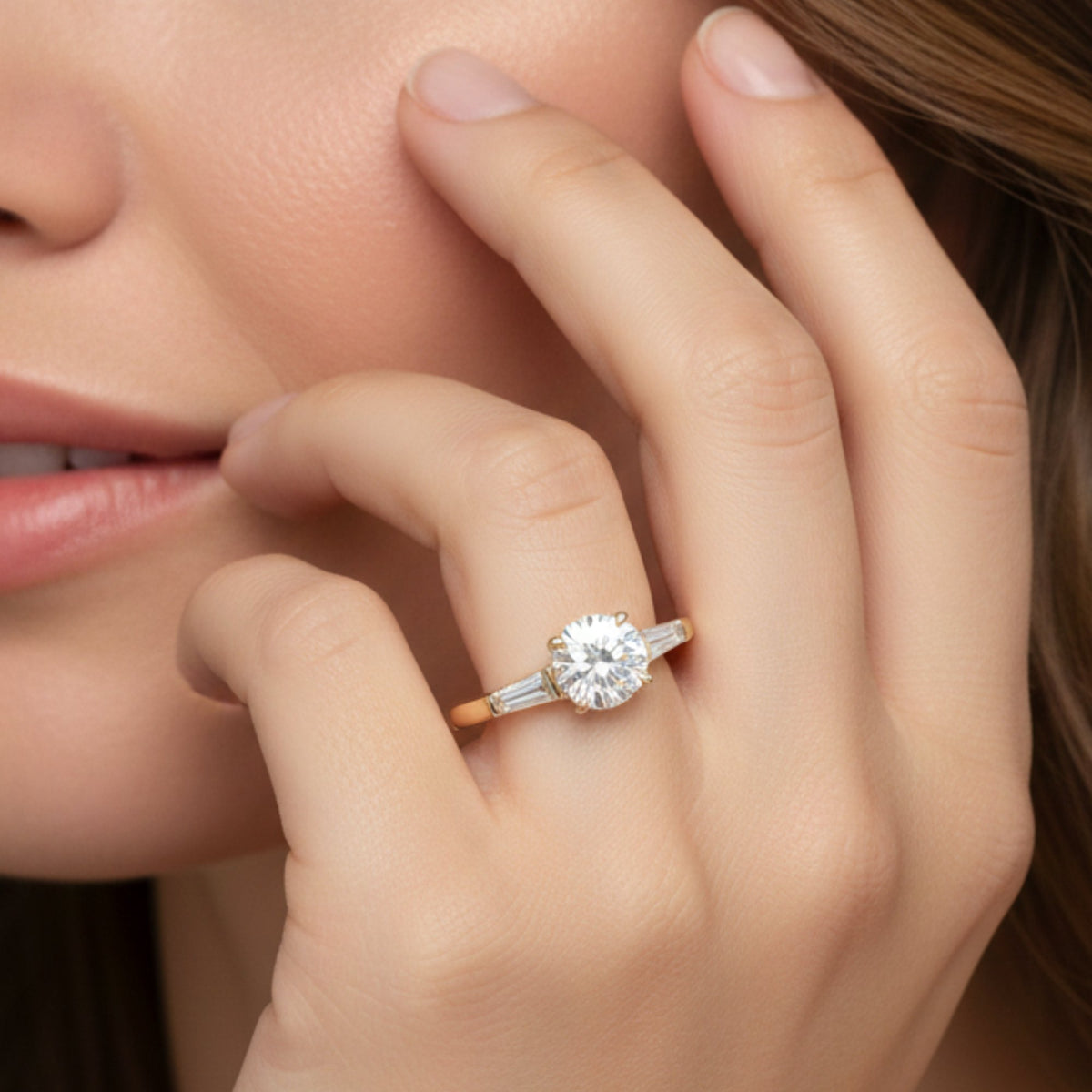 1.16 Carat Round & Tapered Baguette Lab-Grown Diamond Ring in 18K Gold ...